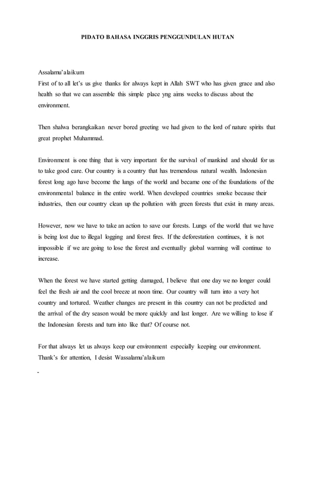 Pidato bahasa inggris penggundulan hutan | DOCX