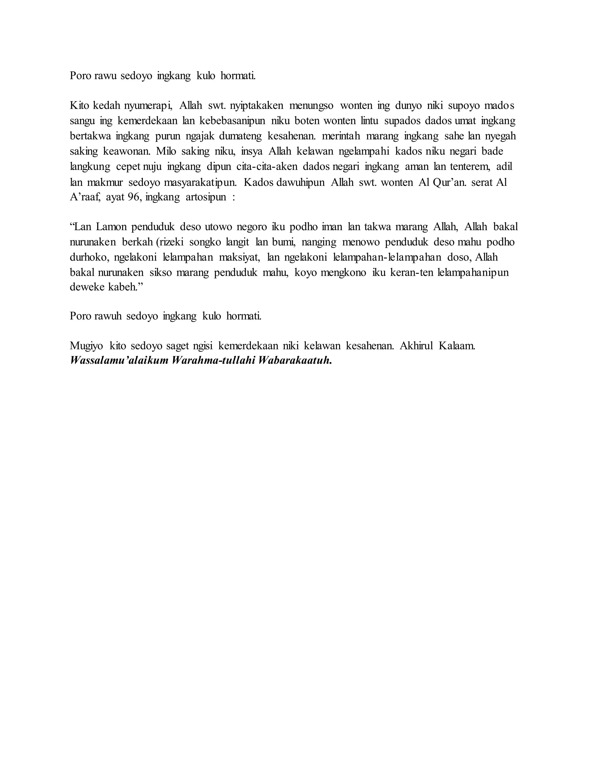 Pidato kemerdekaan 17 agustus bhs. jawa | DOCX