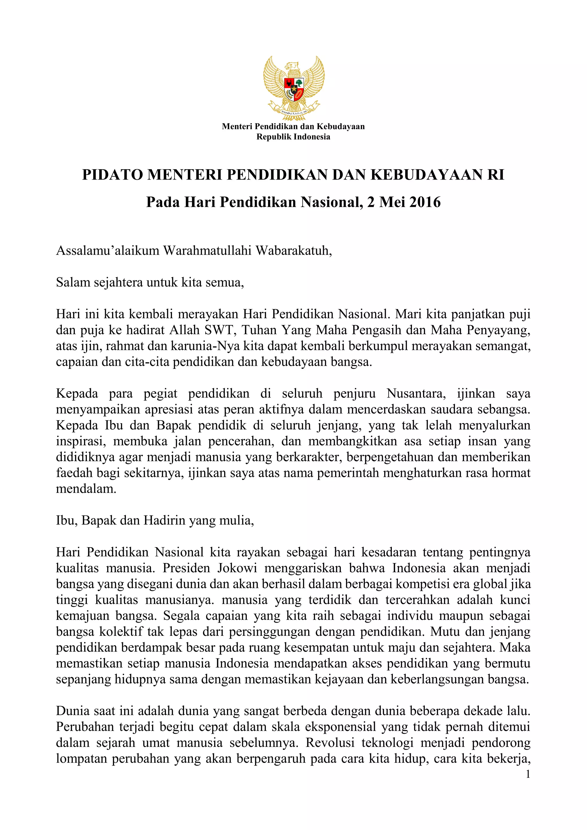 Pidato Mendikbud Pada Hari Pendidikan Nasional, 2 Mei 2016 | PDF