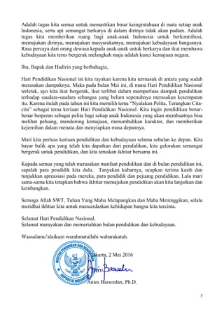 Pidato Mendikbud Pada Hari Pendidikan Nasional, 2 Mei 2016 | PDF