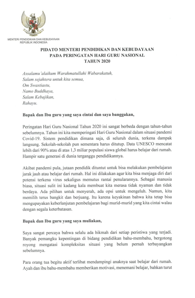 Pidato Hari Guru 2020 Mendikbud | PDF