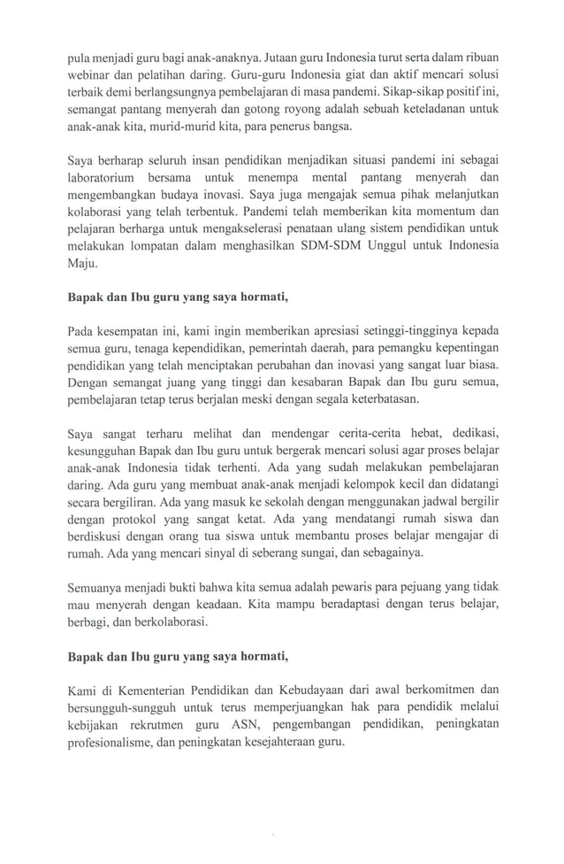 Pidato Hari Guru 2020 Mendikbud | PDF