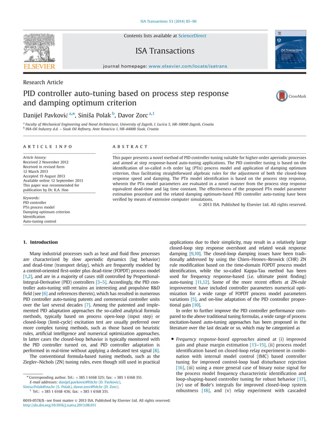 PID controller auto-tuning based on process step response and damping optimum criterion | PDF