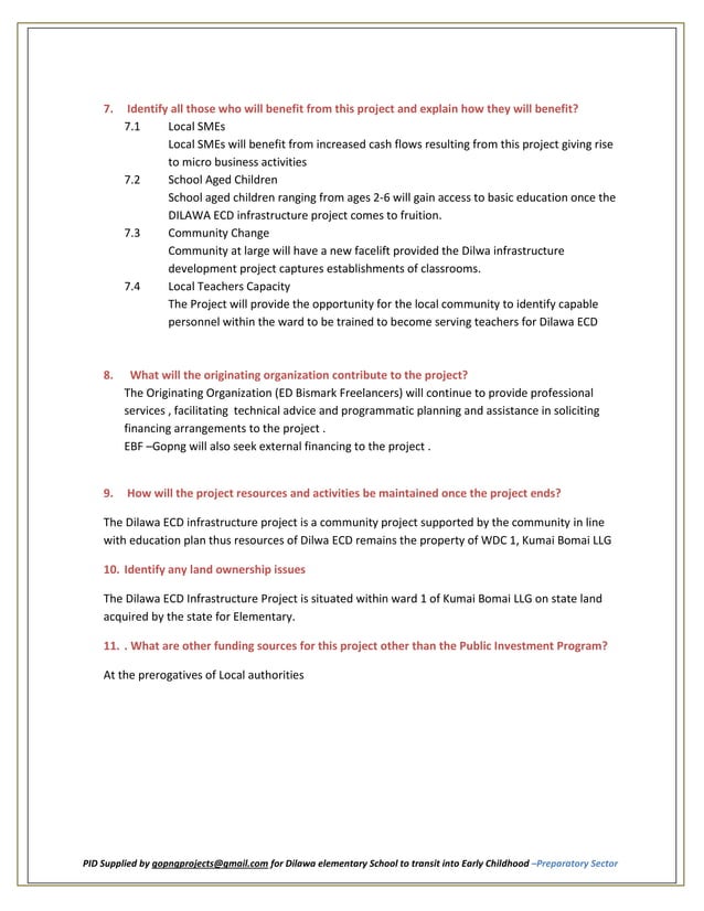 Dilawa Early Childhood Project Identification Document | PDF