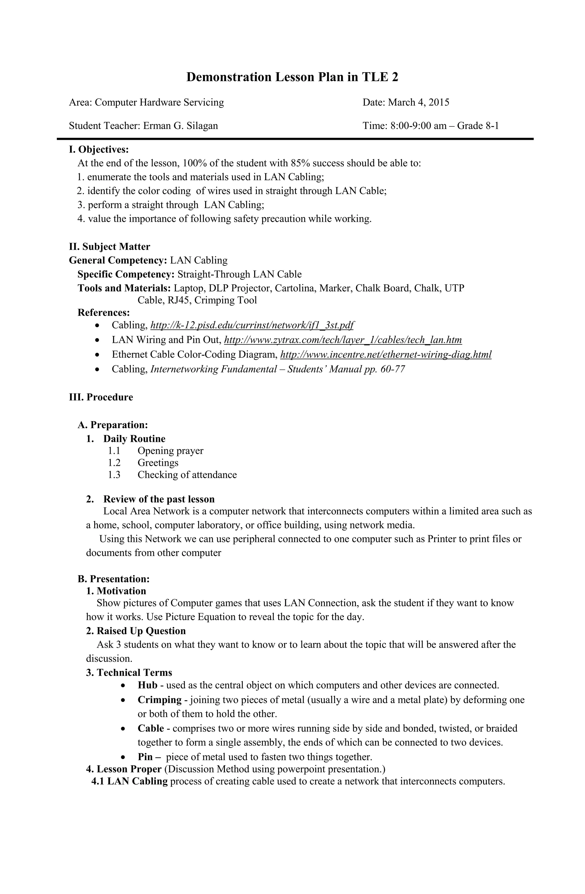Final Demo Semi Detailed Lesson Plan in TLE 2 (LAN Cabling) | PDF