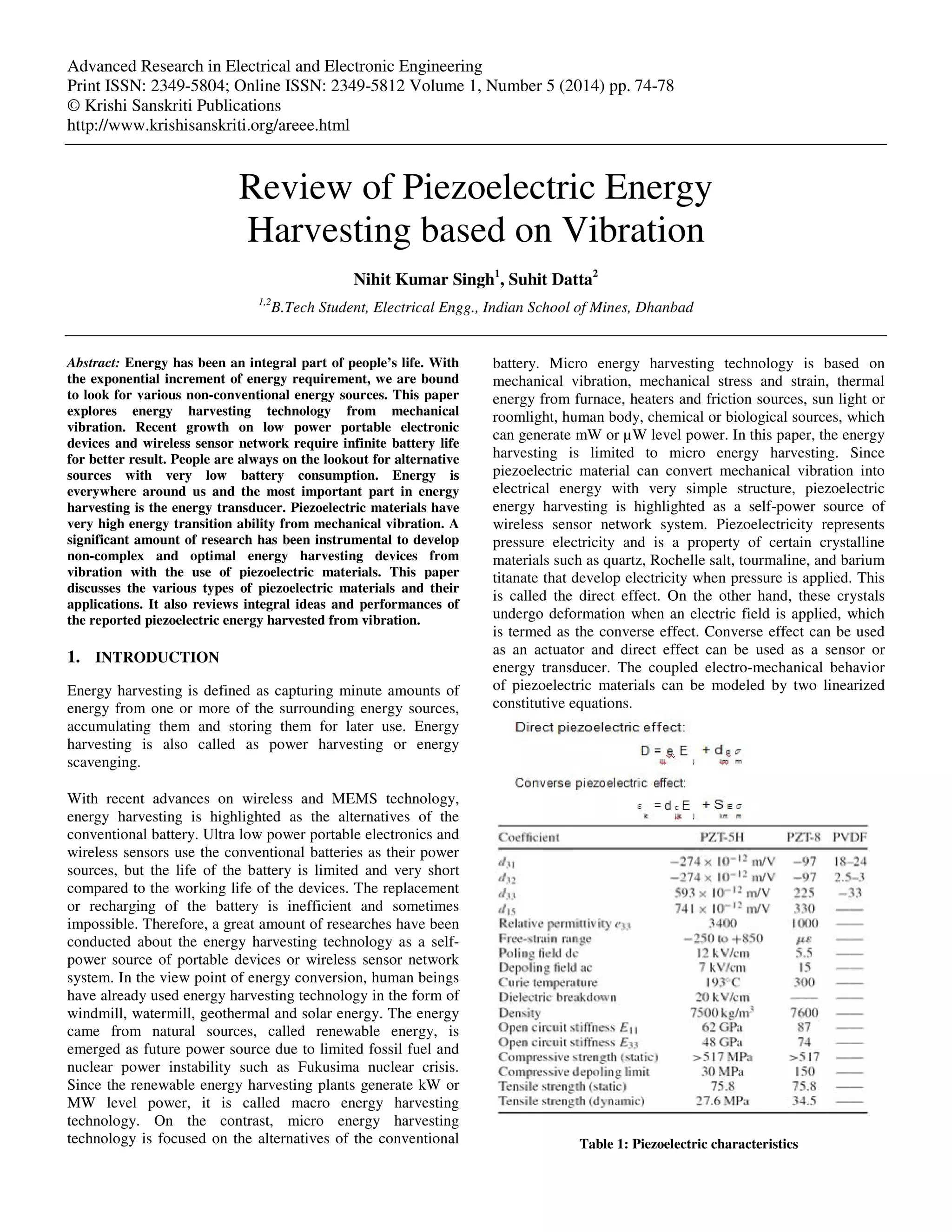 Piezoelectric energy harvesting based on vibration | PDF
