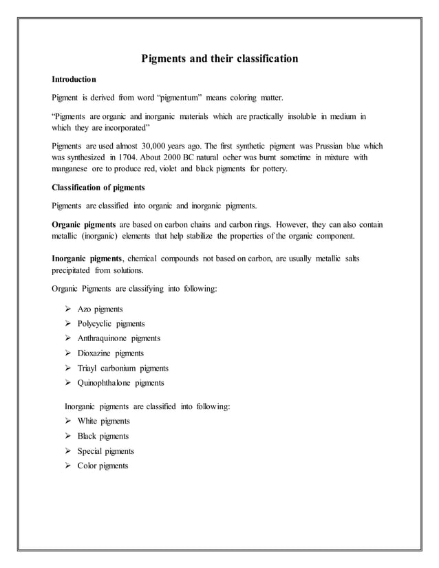 Pigments and their classification | DOCX | Chemistry | Science