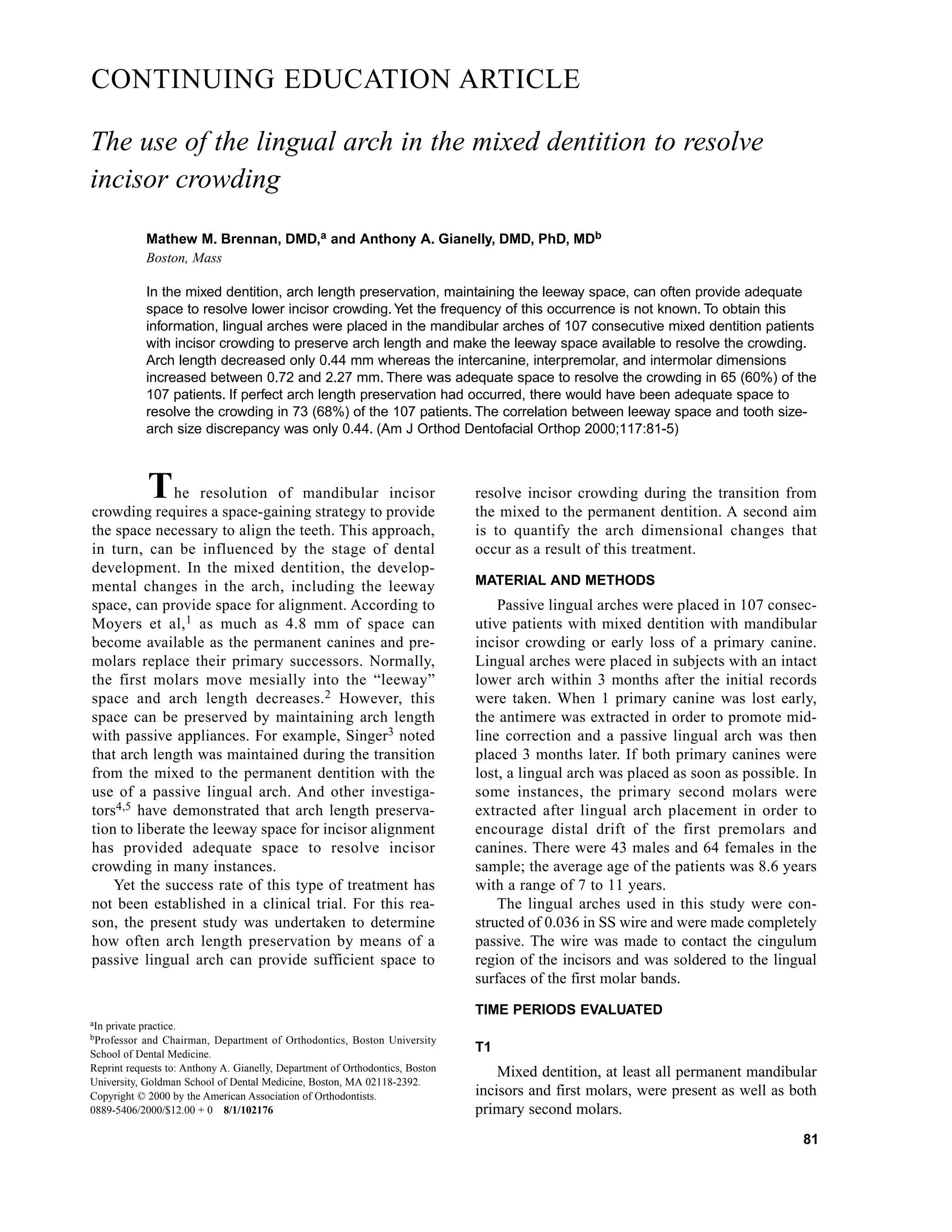 Using lingual arch in the mixed dentition to resolve crowding | PDF