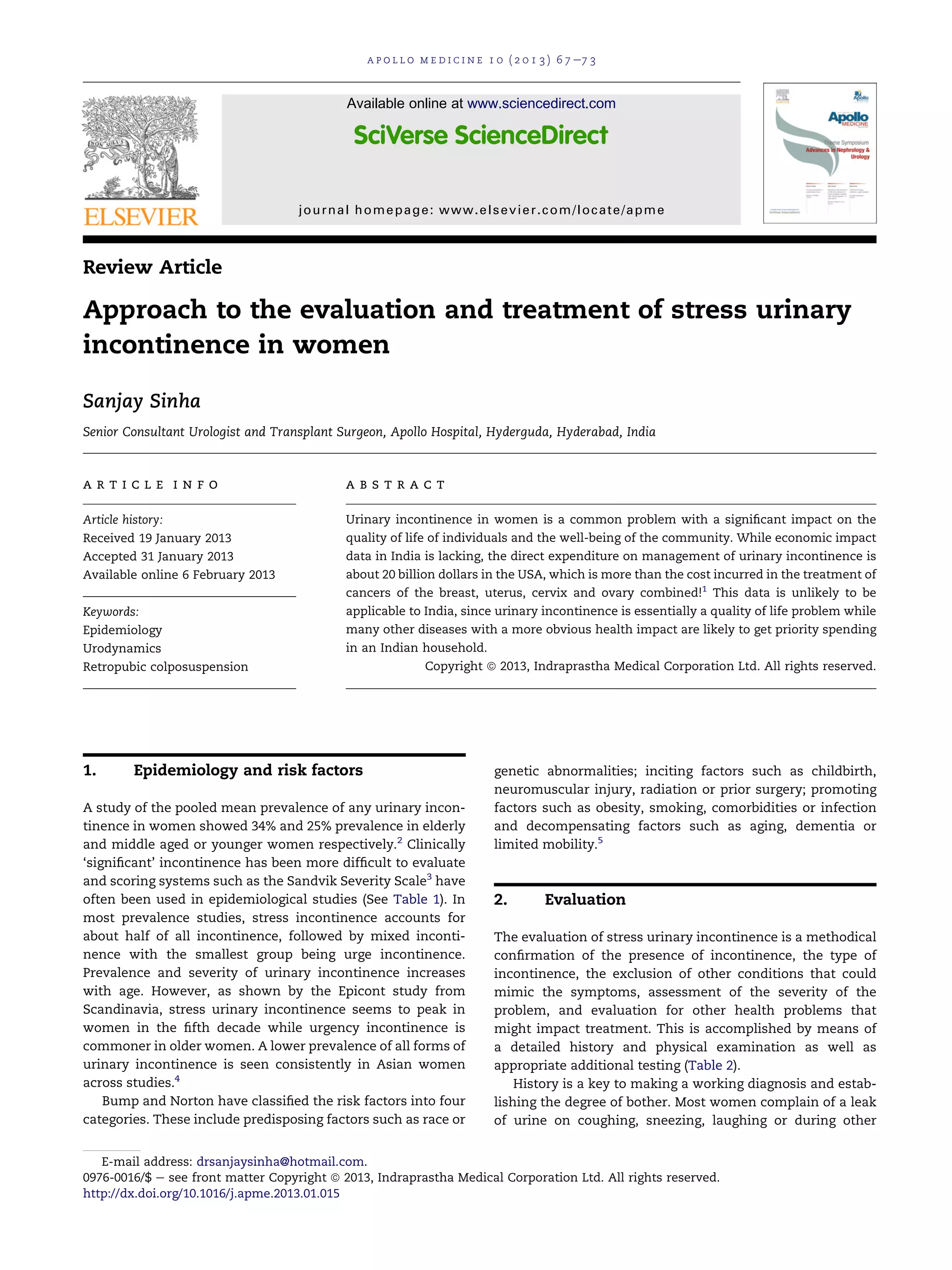 Approach to the Evaluation and Treatment of Stress Urinary Incontinence ...