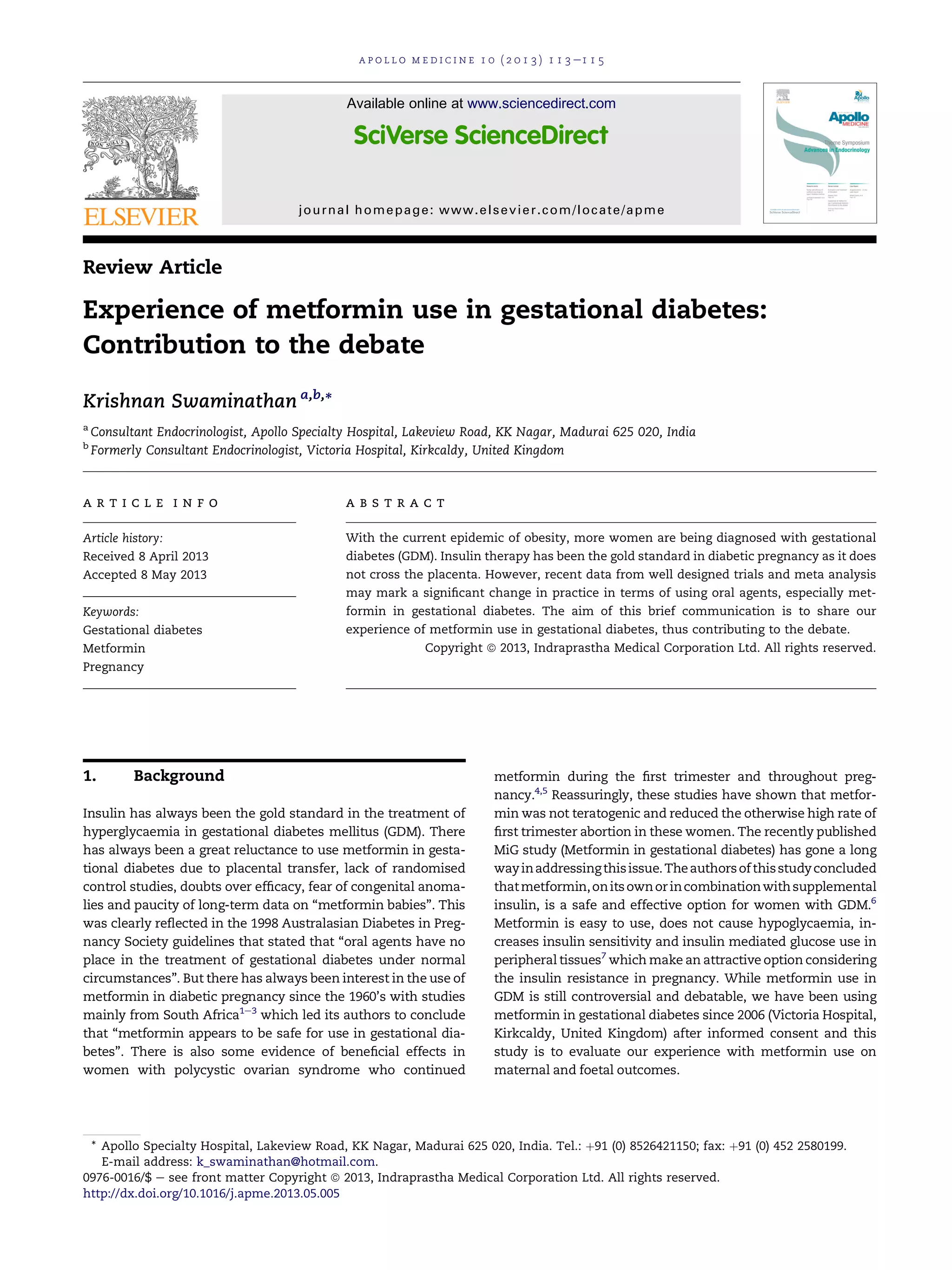Experience of Metformin Use in Gestational Diabetes: Contribution to ...