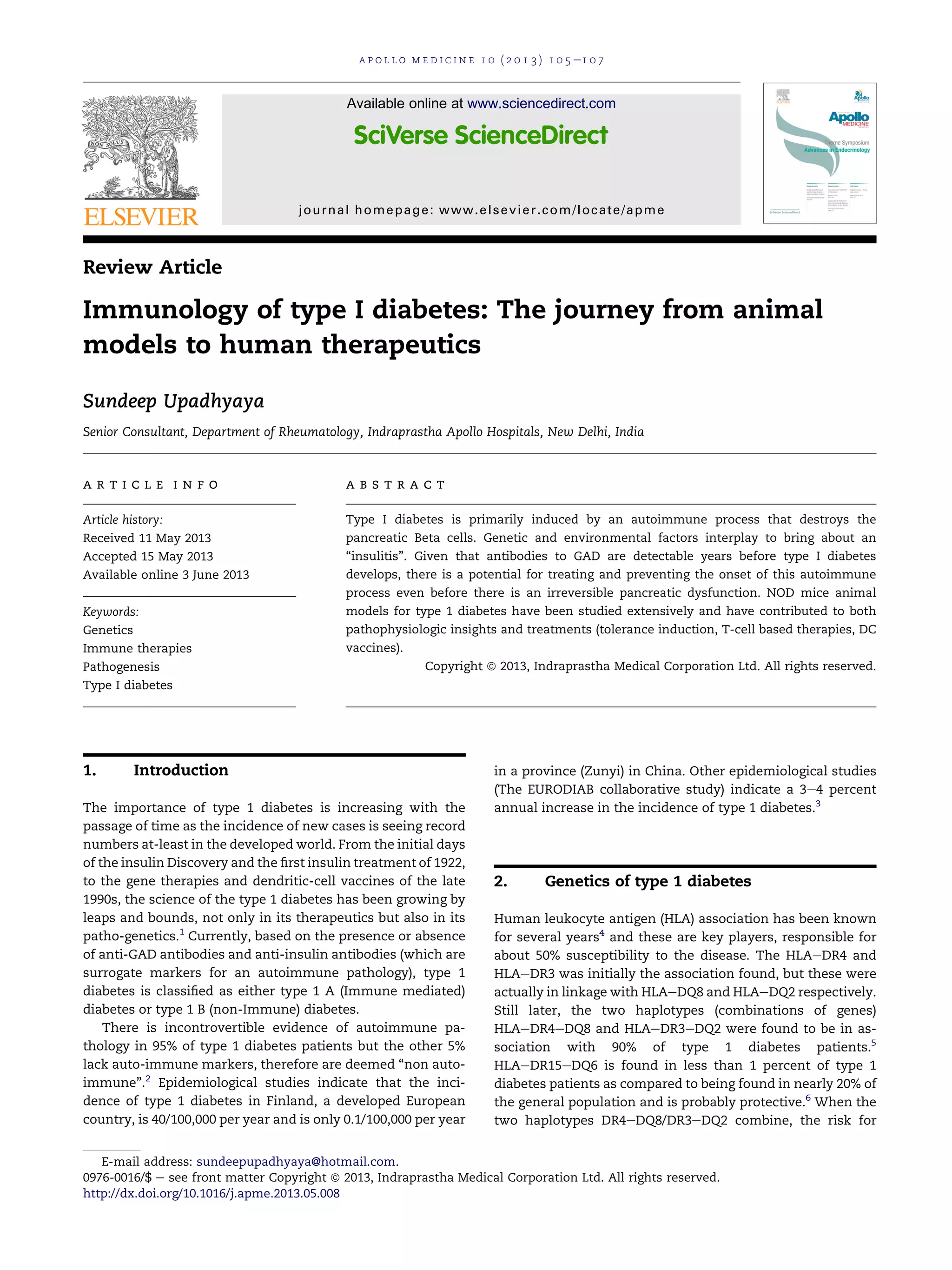 Immunology of Type I Diabetes: The Journey from Animal Models to Human ...