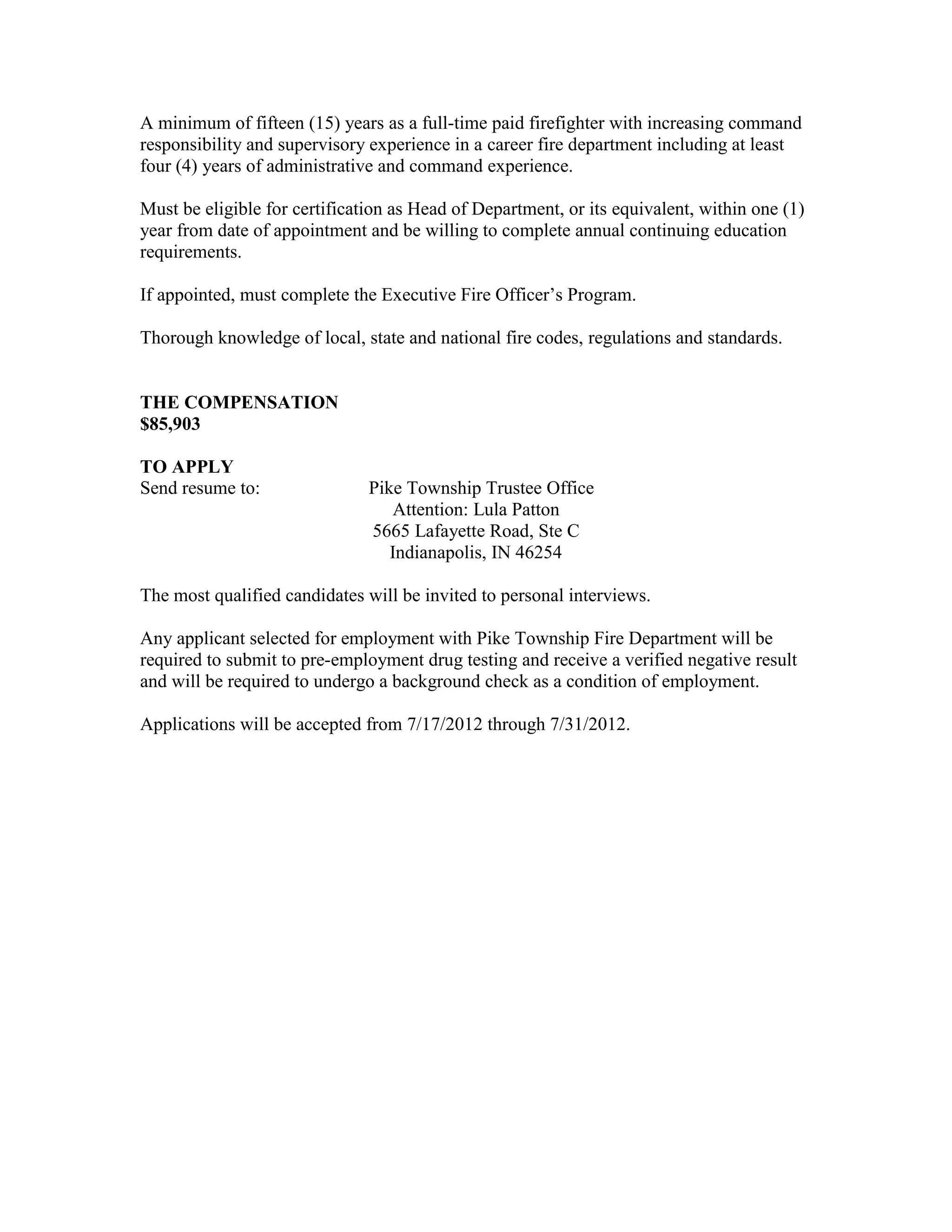 Pike Township Fire Chief Job Description | PDF