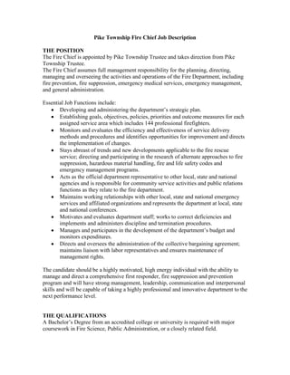 Pike Township Fire Chief Job Description | PDF