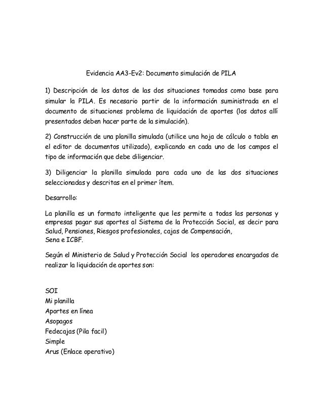 Evidencia AA3-Ev2: Documento simulación de PILA Evidencia AA3-Ev2: Documento simulación de PILA