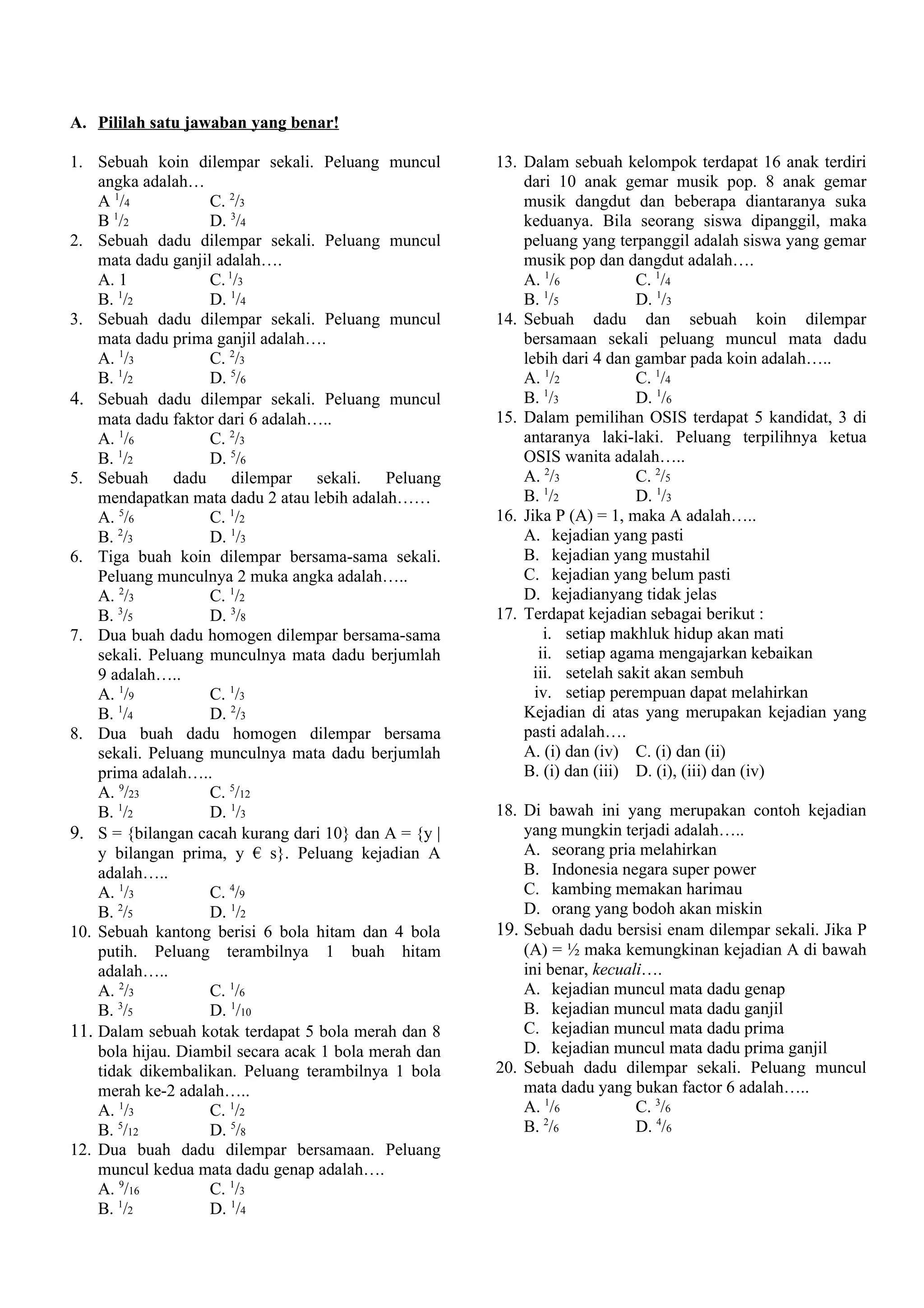 Soal Peluang kelas IX | DOC