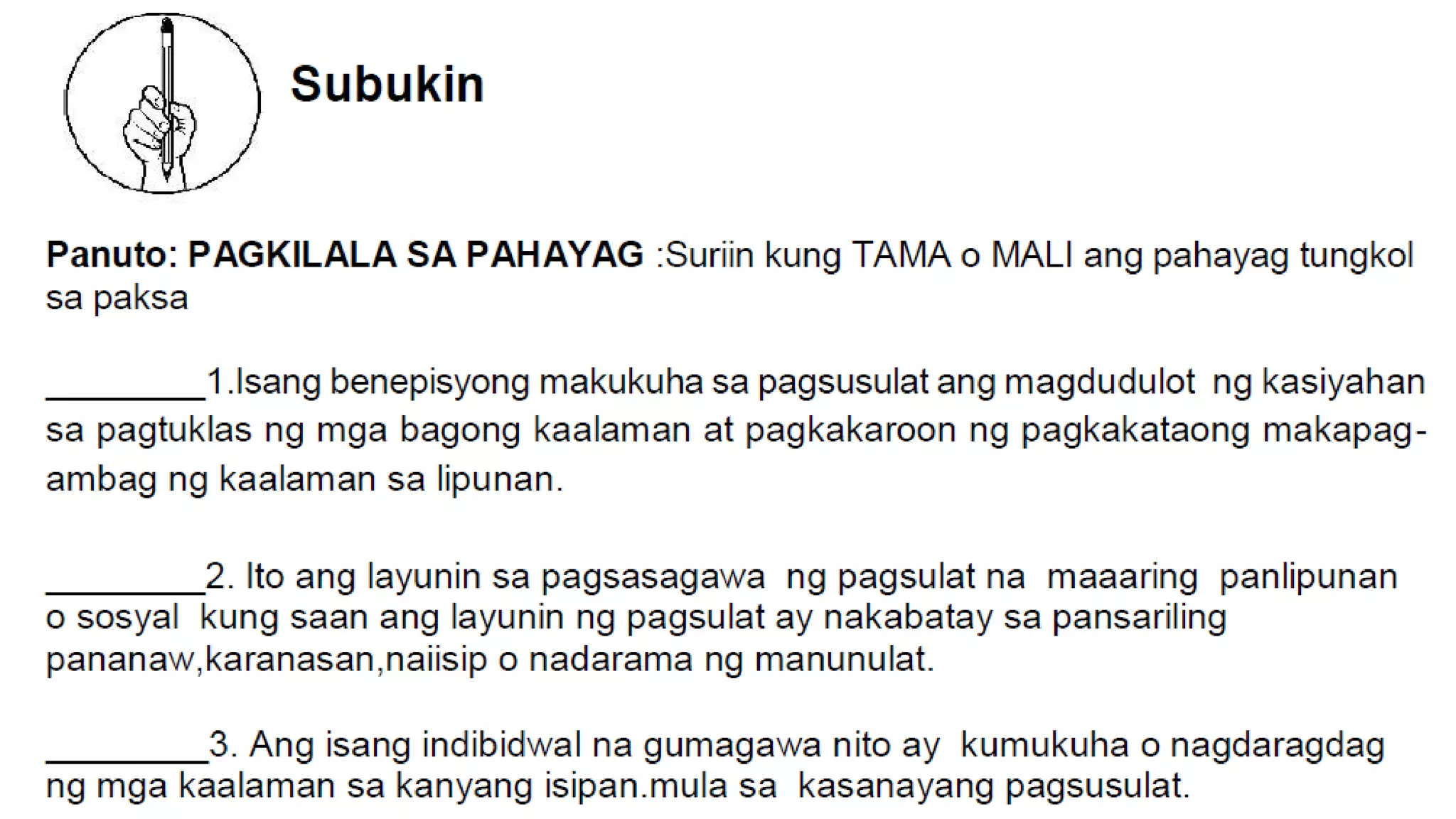 Piling Larang Akademik - Lesson 1 - Katuturan ,Layunin at Kahalagahan ng Pagsulat - STUDENTS ...