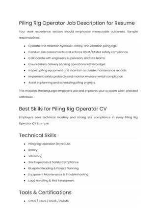 Piling Rig Operator Resume Examples & Writing Guide for 2025 | PDF