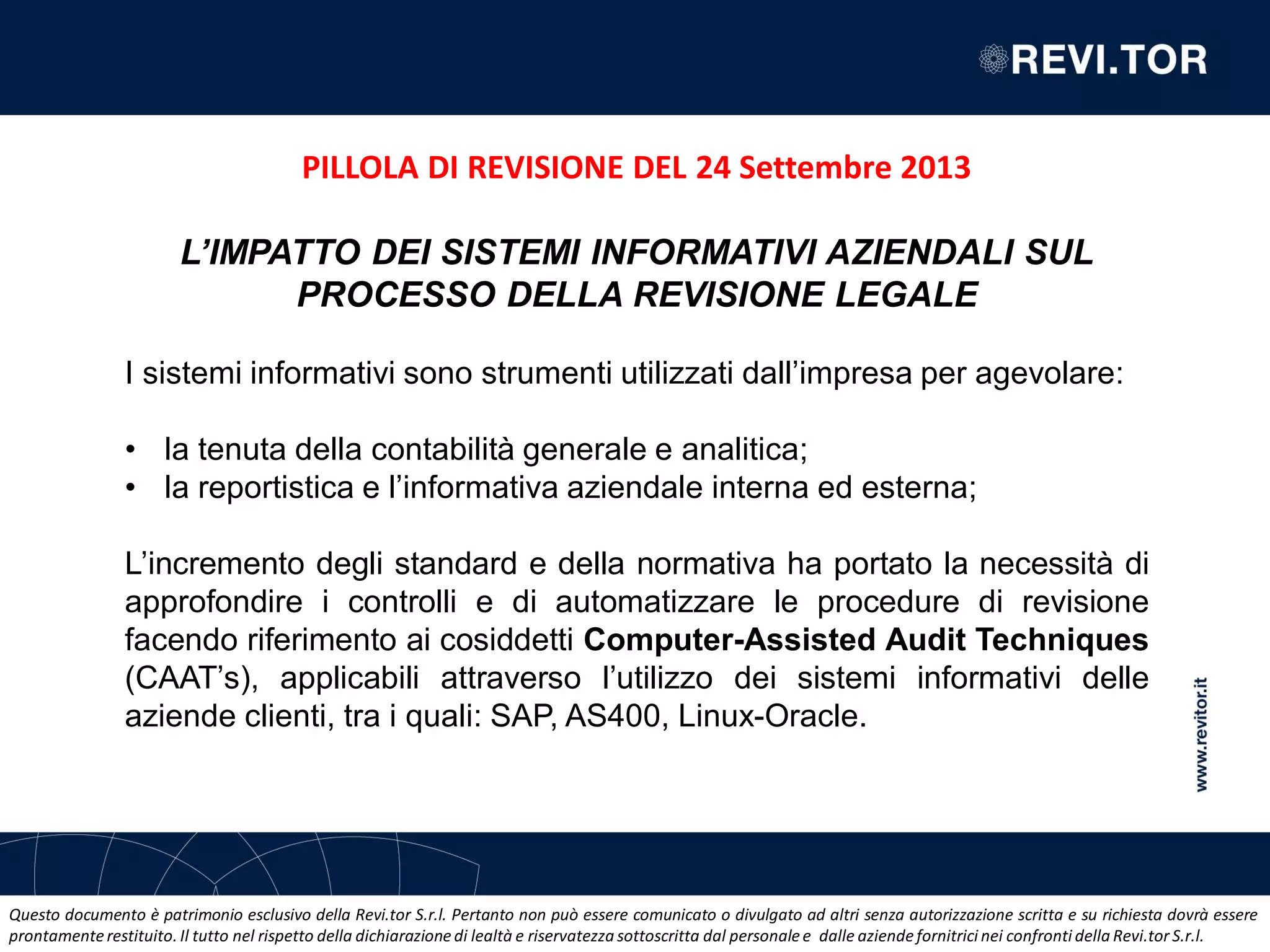 I sistemi informativi aziendali nella revisione legale | PPT