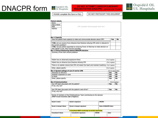 Pilot of a DNACPR Form at University Hospital Limerick (Presentation ...