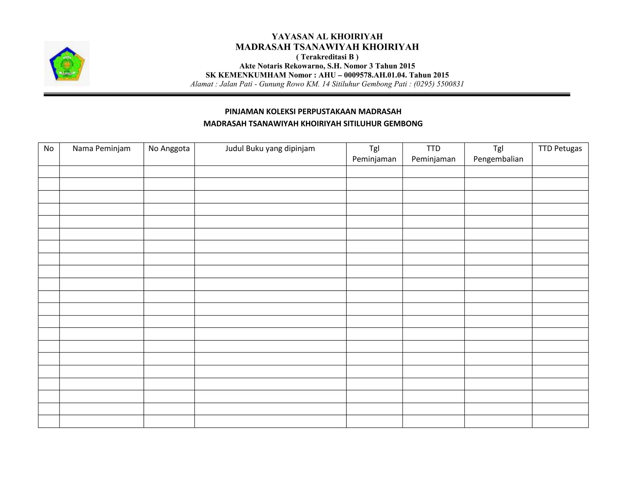 format peminjaman Buku-buku Perpustakaan | DOCX