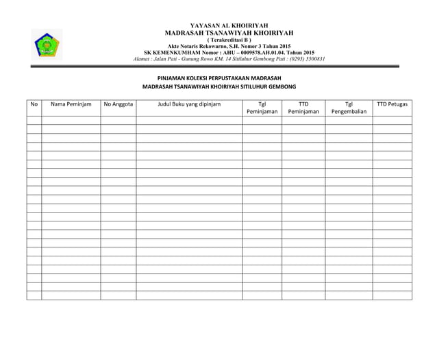 format peminjaman Buku-buku Perpustakaan | DOCX