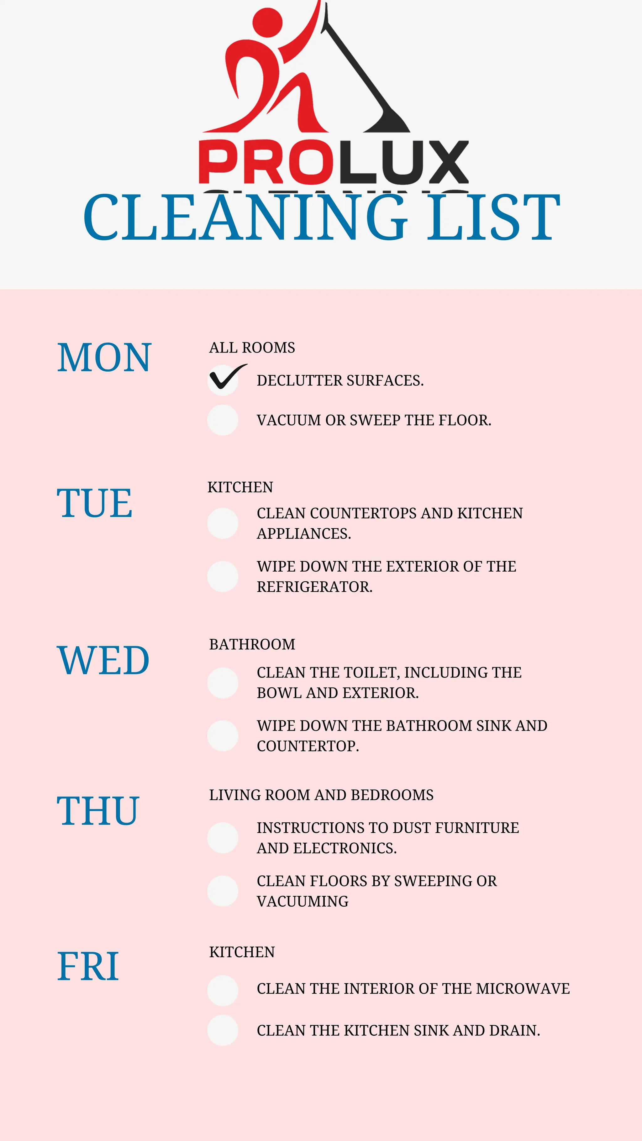 Weekly Cleaning Checklist from Prolux Cleaning | PDF