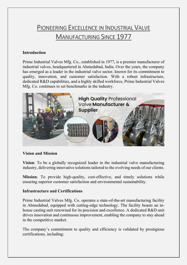 Pioneering Excellence in Industrial Valve Manufacturing Since 1977 | PDF