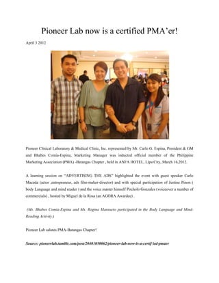 Pioneer Lab Now is a Certified PMA | PDF