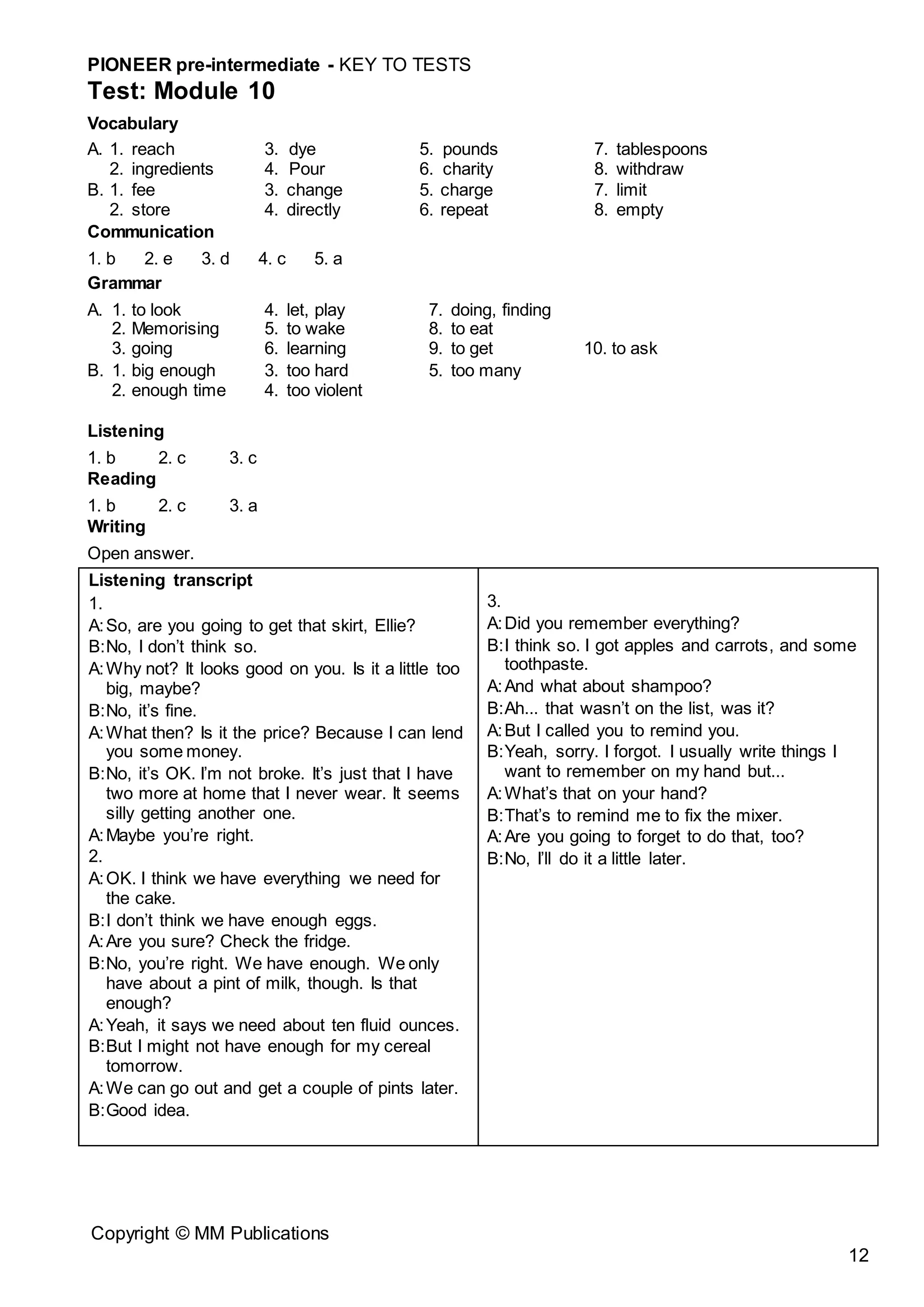 Pioneer pre intermediate-key_totests | DOC