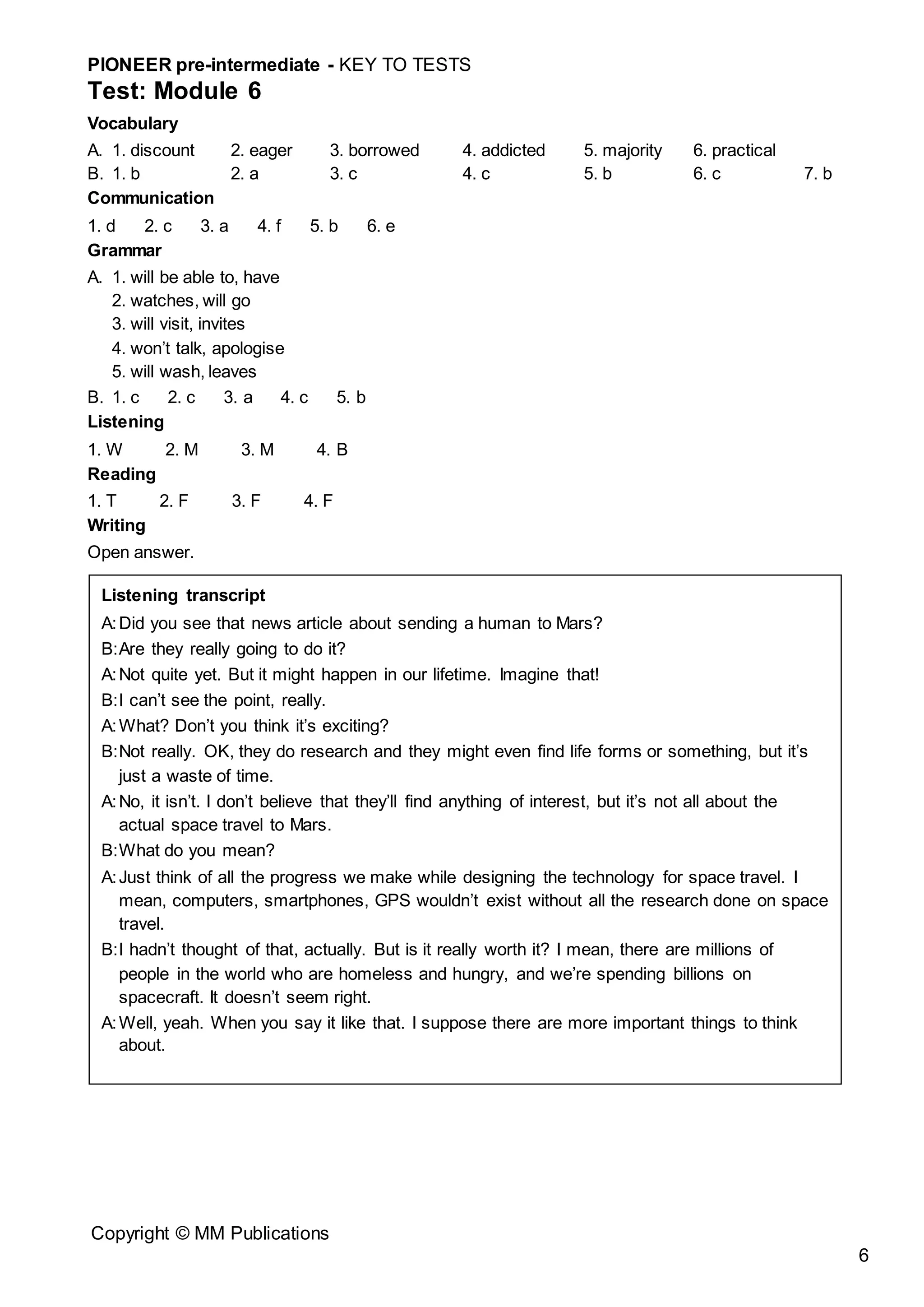 Pioneer pre intermediate-key_totests | DOC
