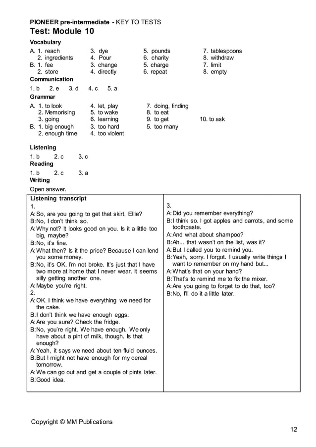 Pioneer pre intermediate-key_totests | DOC | Resume Writing and Advice ...