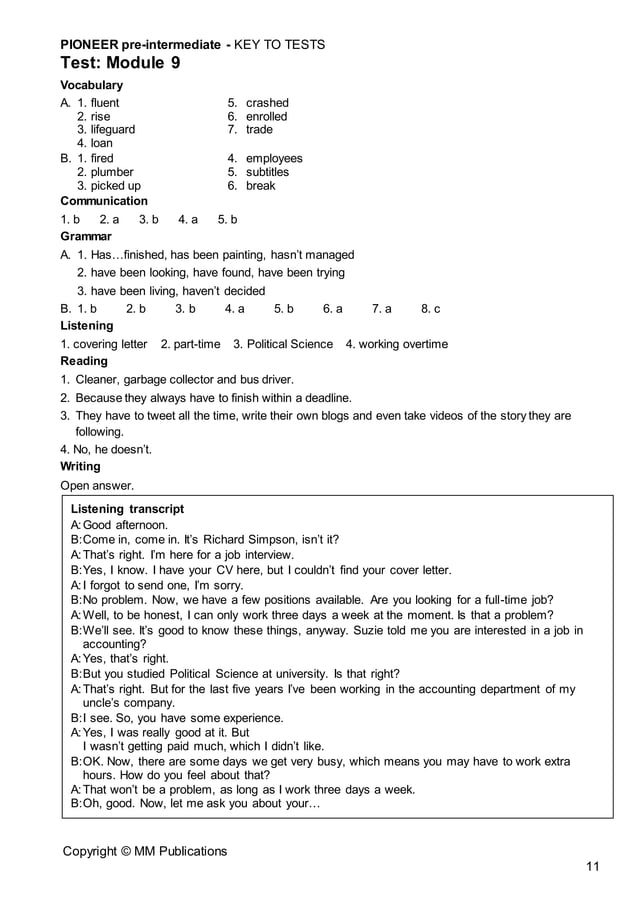 Pioneer pre intermediate-key_totests