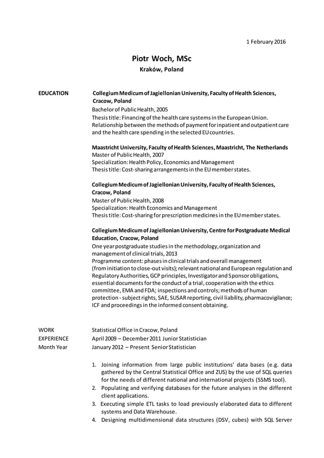 Piotr woch cv 01.02.2016 | Databases | Computer Software and Applications