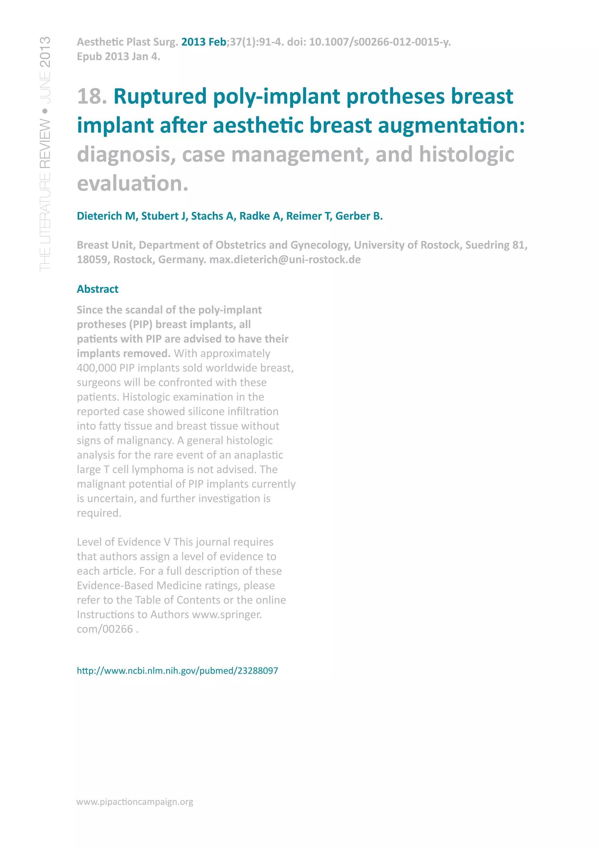 P.I.P. Breast Implants The Literature Review June 2013 | PDF