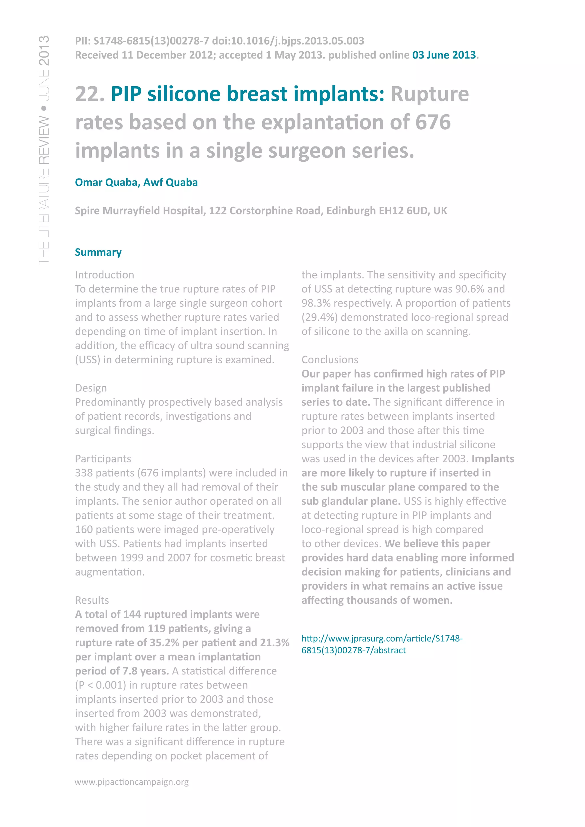 P.I.P. Breast Implants The Literature Review June 2013 | PDF