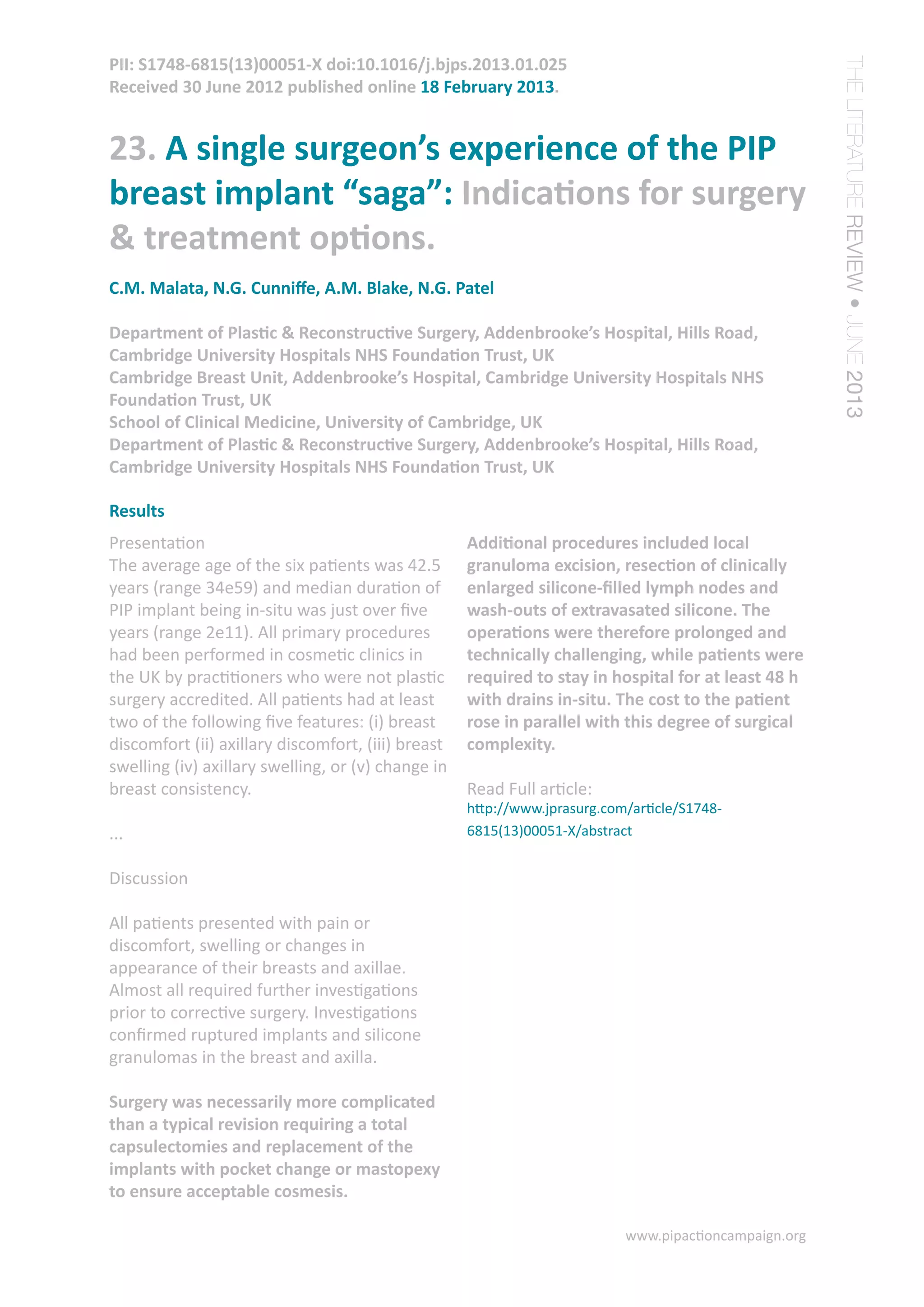 P.I.P. Breast Implants The Literature Review June 2013 | PDF