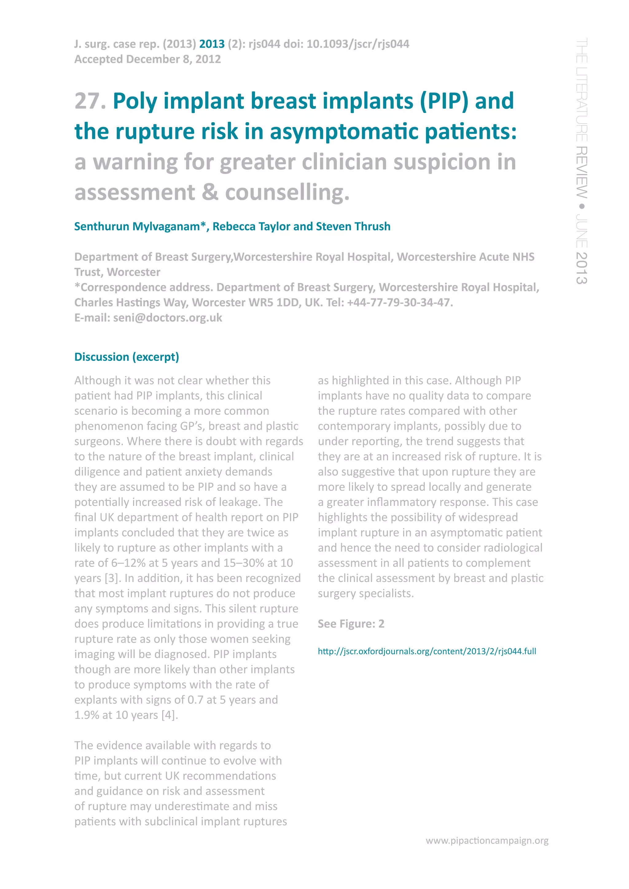 P.I.P. Breast Implants The Literature Review June 2013 | PDF