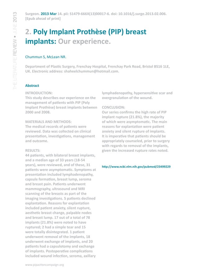 P.I.P. Breast Implants The Literature Review June 2013 | PDF
