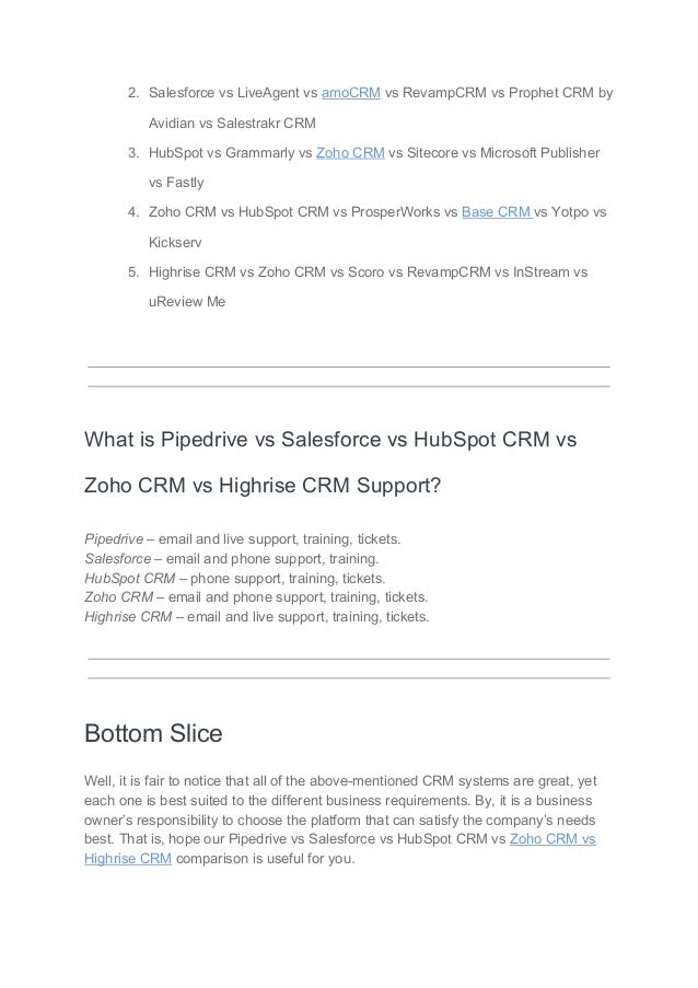 Pipedrive vs Salesforce vs HubSpot CRM vs Zoho CRM vs Highrise Pipedrive vs Salesforce vs HubSpot CRM vs Zoho CRM vs Highrise