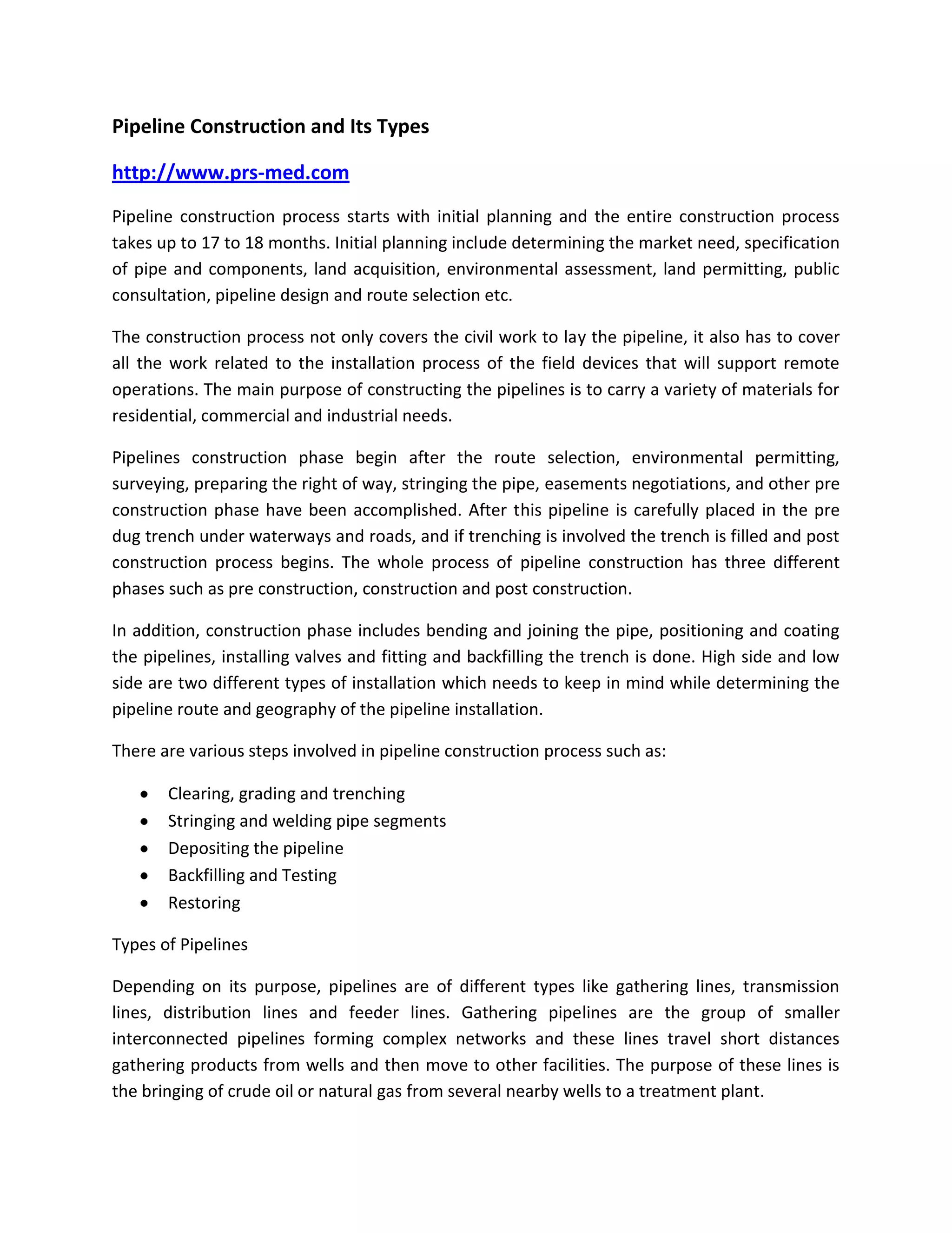 Pipeline construction and its types | DOCX