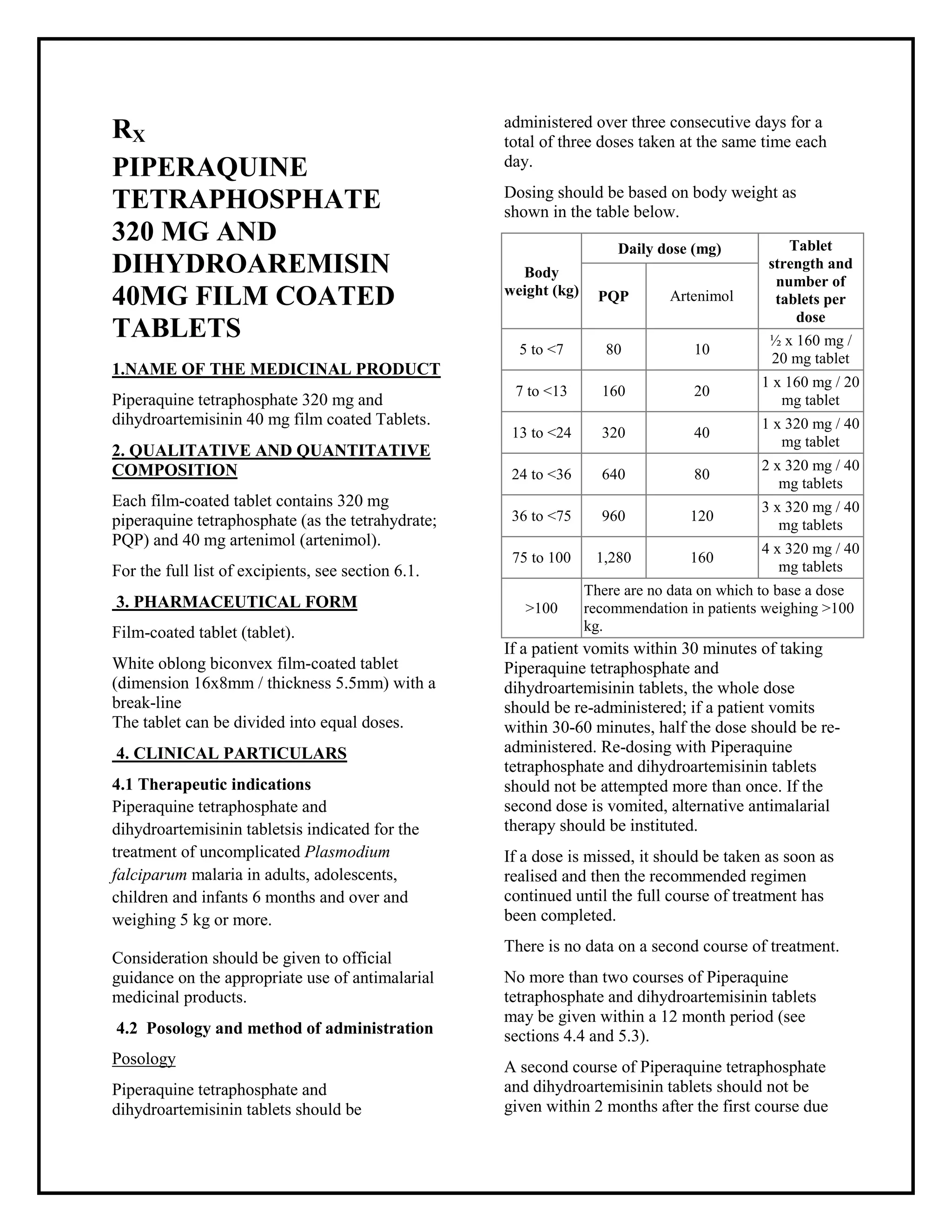 Piperaquine tetraphosphate 320 mg and dihydroartemisinin 40 mg film ...