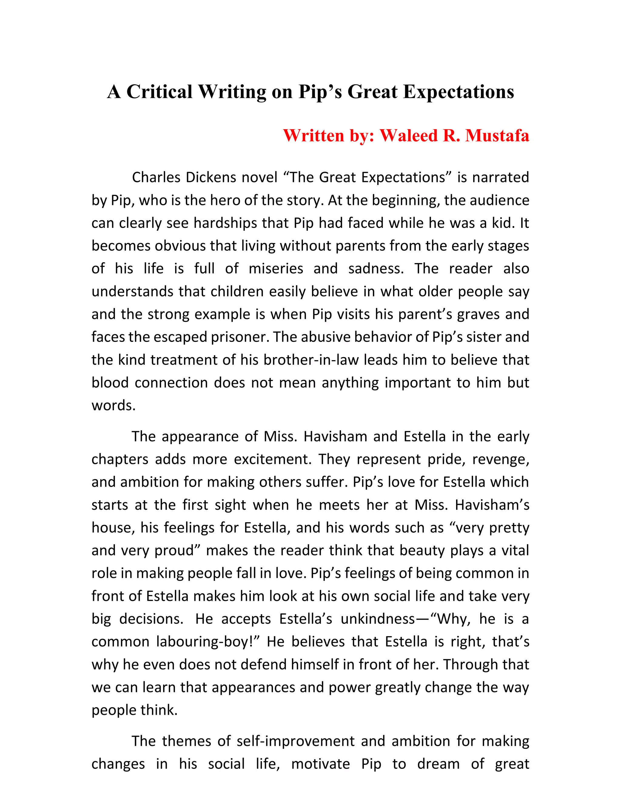 A Critical Essay on Pips "Great Expectations" by Waleed Mustafa | PDF