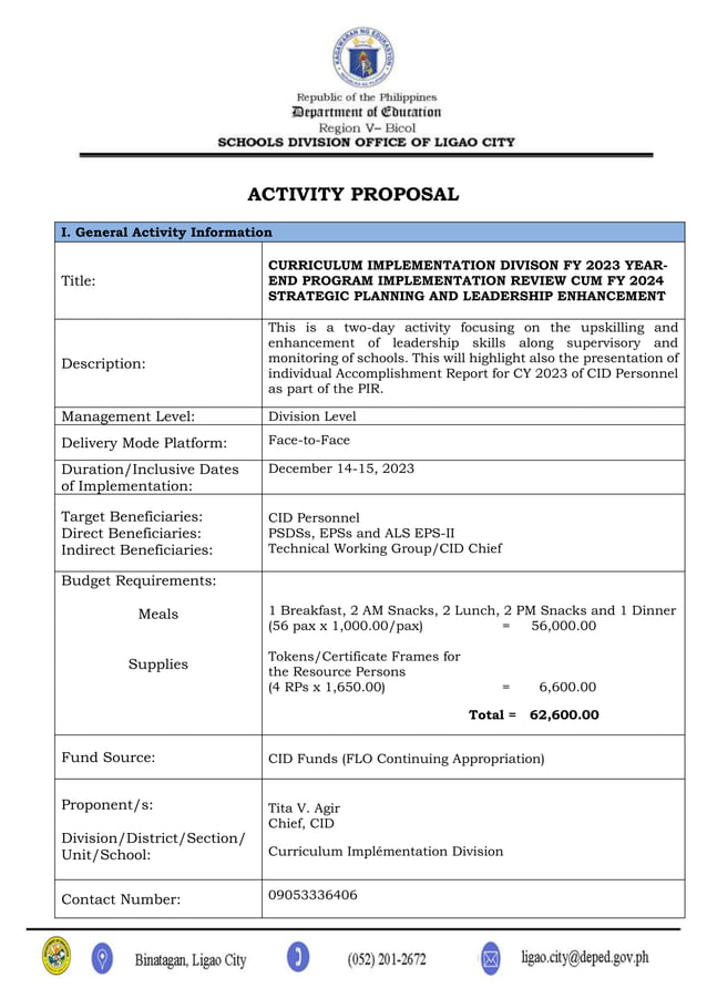 pir proposal sample division based activity | DOCX | Educational Assessment | Education