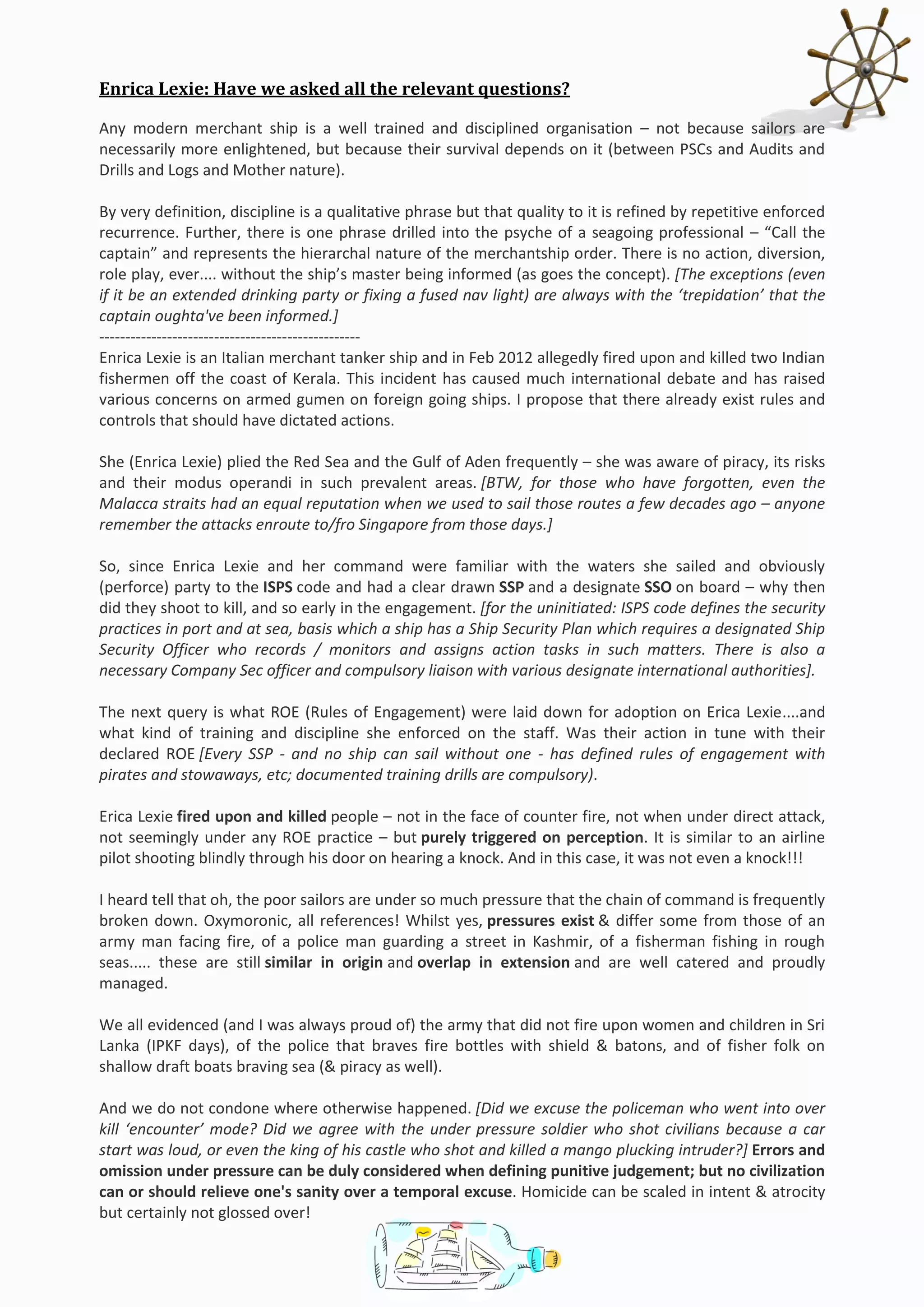 Piracy Incident: Enrica Lexie (Opinion) | PDF