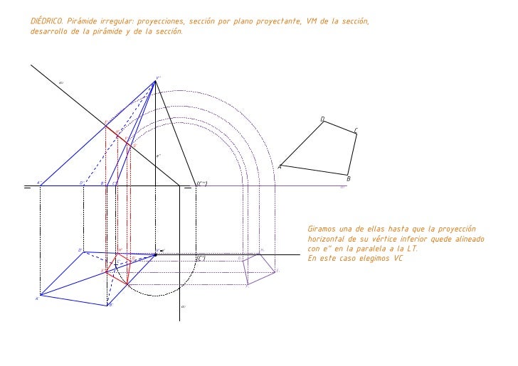 Pirámide irregular en diédrico. Intersección con plano proyectante, s…