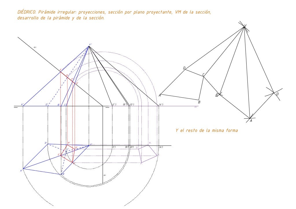 Pirámide irregular en diédrico. Intersección con plano proyectante, s…