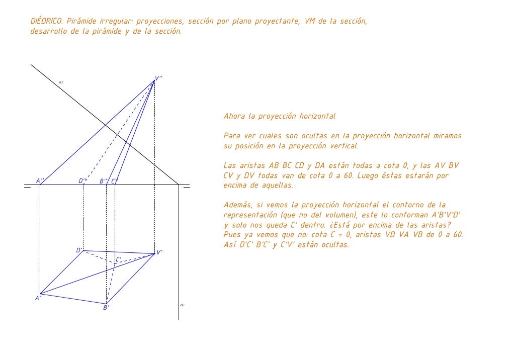 Pirámide irregular en diédrico. Intersección con plano proyectante, s…