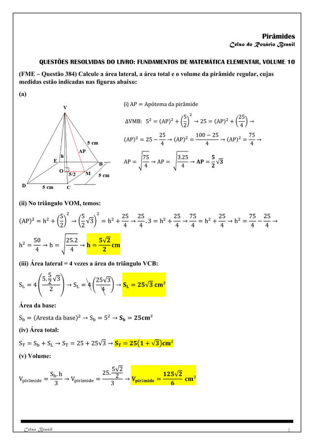Pirâmides questões resolvidas do livro fundamentos de matemática elementar - vol. 10 | PDF
