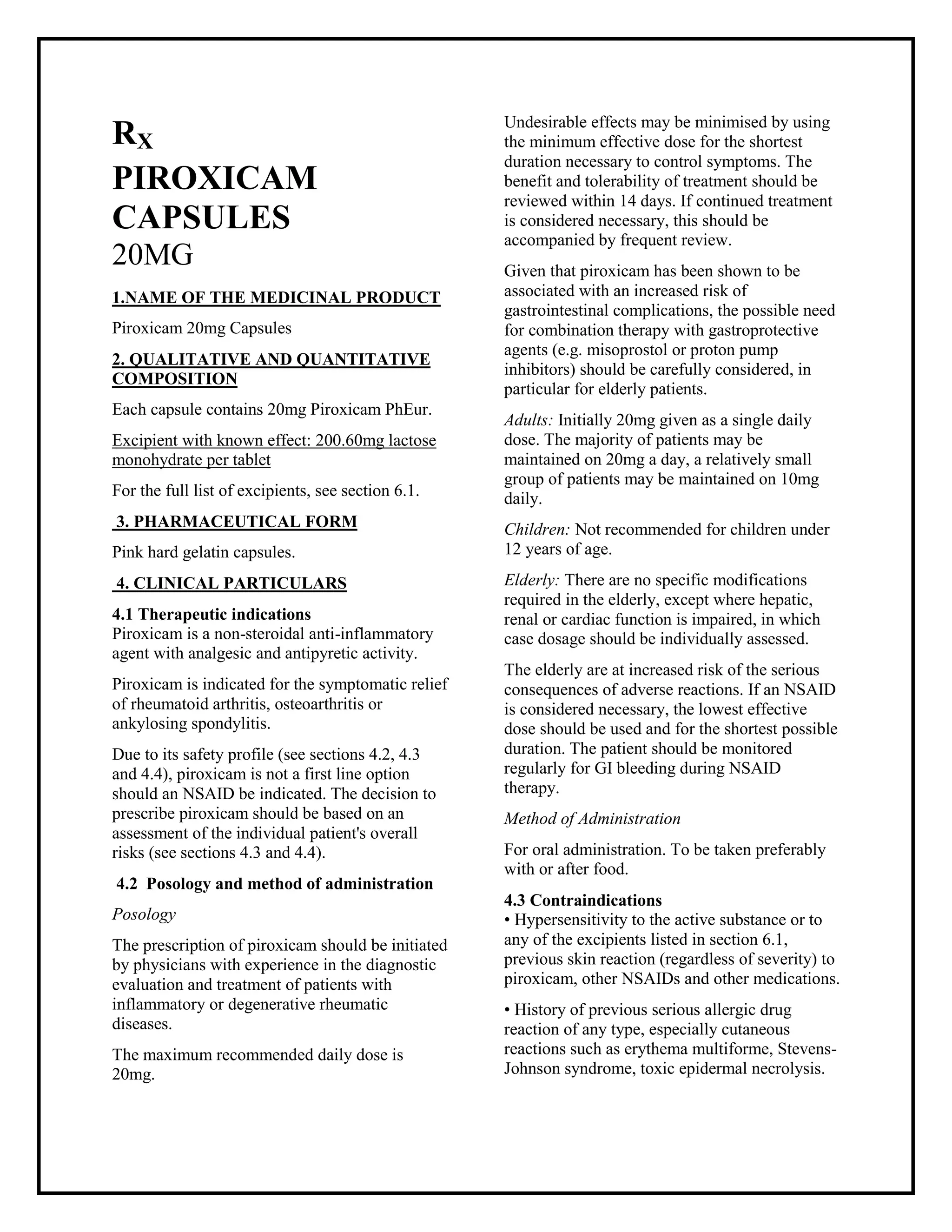 Piroxicam 20mg capsules smpc taj pharmaceuticals | PDF