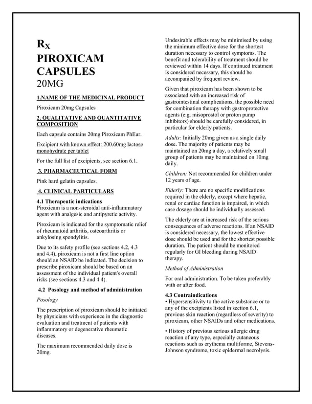 Piroxicam 20mg capsules smpc taj pharmaceuticals | PDF | Digestive ...